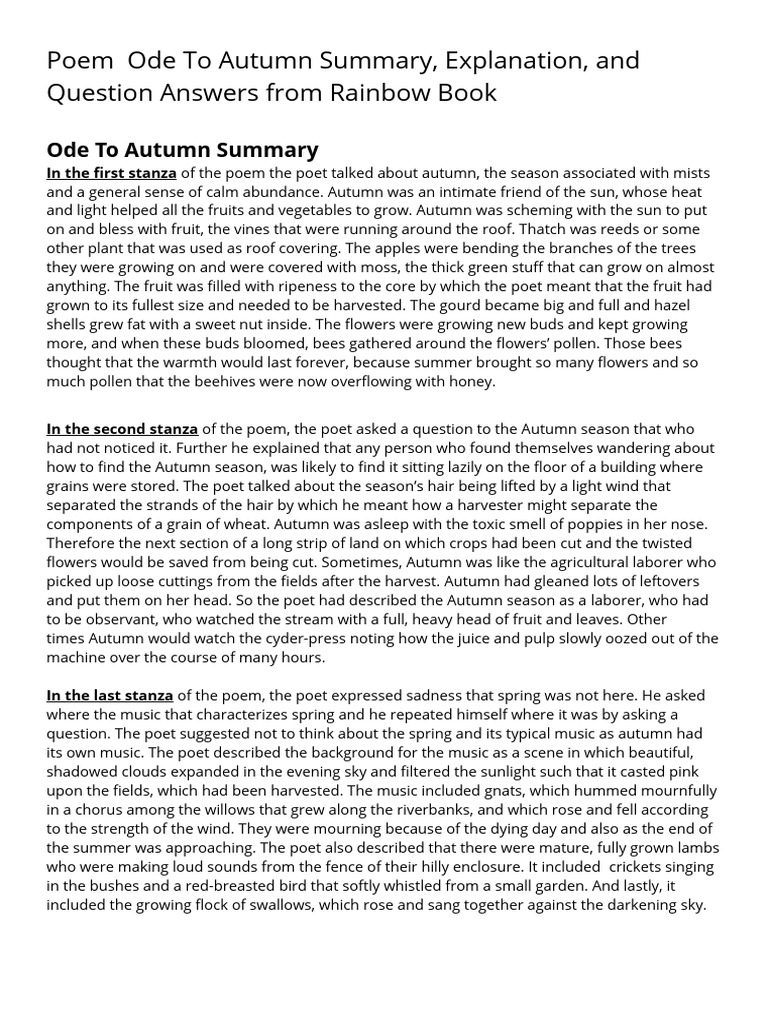 Poem Ode To Autumn Summary Class 8 | PDF