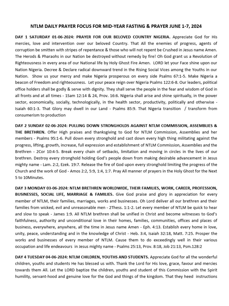 NTLM Daily Prayer Focus For Mid-Year Fasting & Prayers, June 1-7, 2024 ...