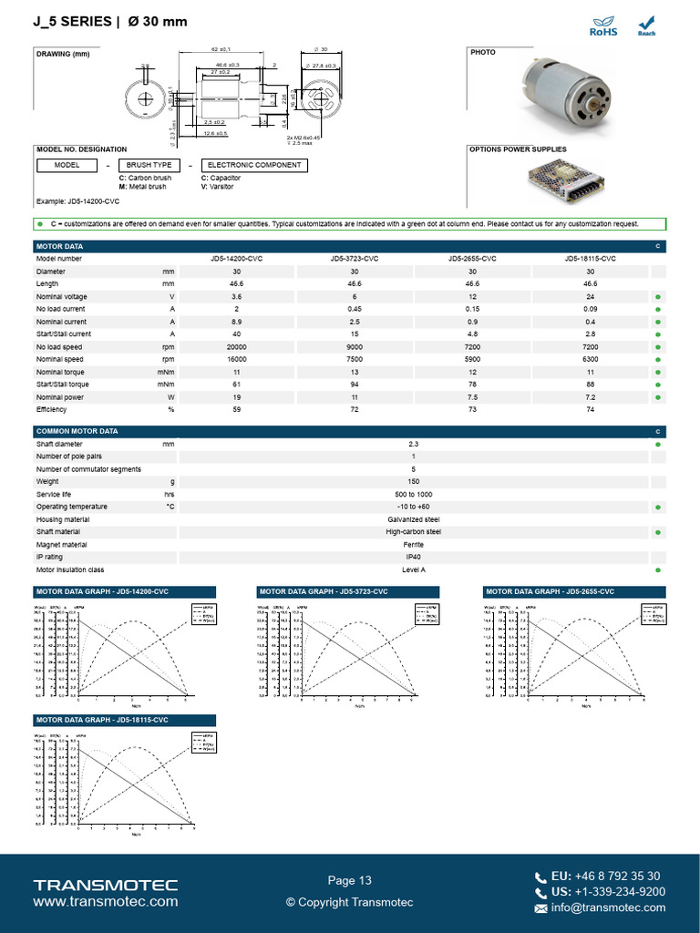 DCMOTOR - Transmotec Datasheet J - 5 Series | PDF | Electric Motor | Electromagnetism