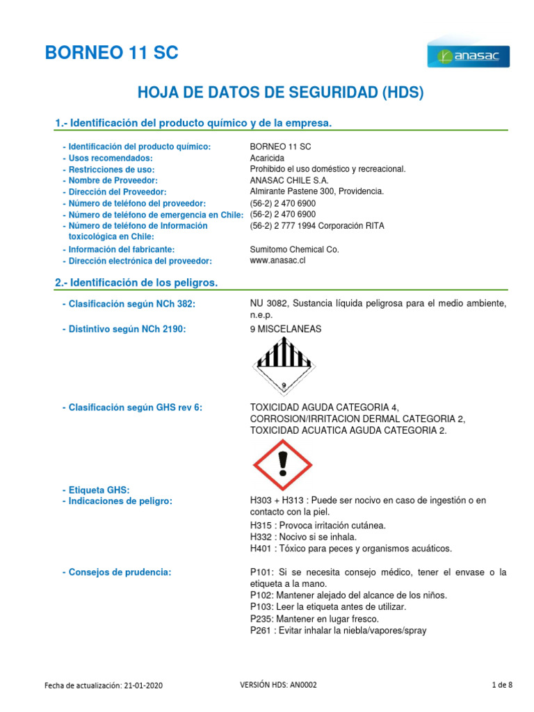 Hoja de Seguridad | Descargar gratis PDF | Agua | Toxicidad