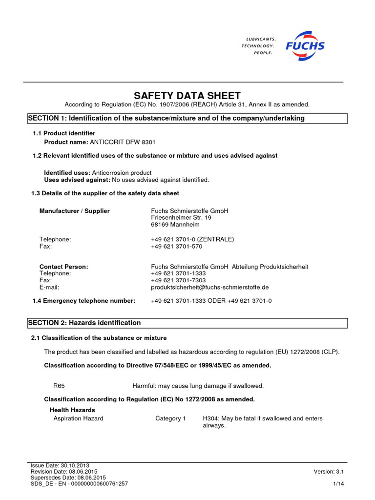 Sds Anticorit DFW 8301 en | PDF | Dangerous Goods | Toxicity
