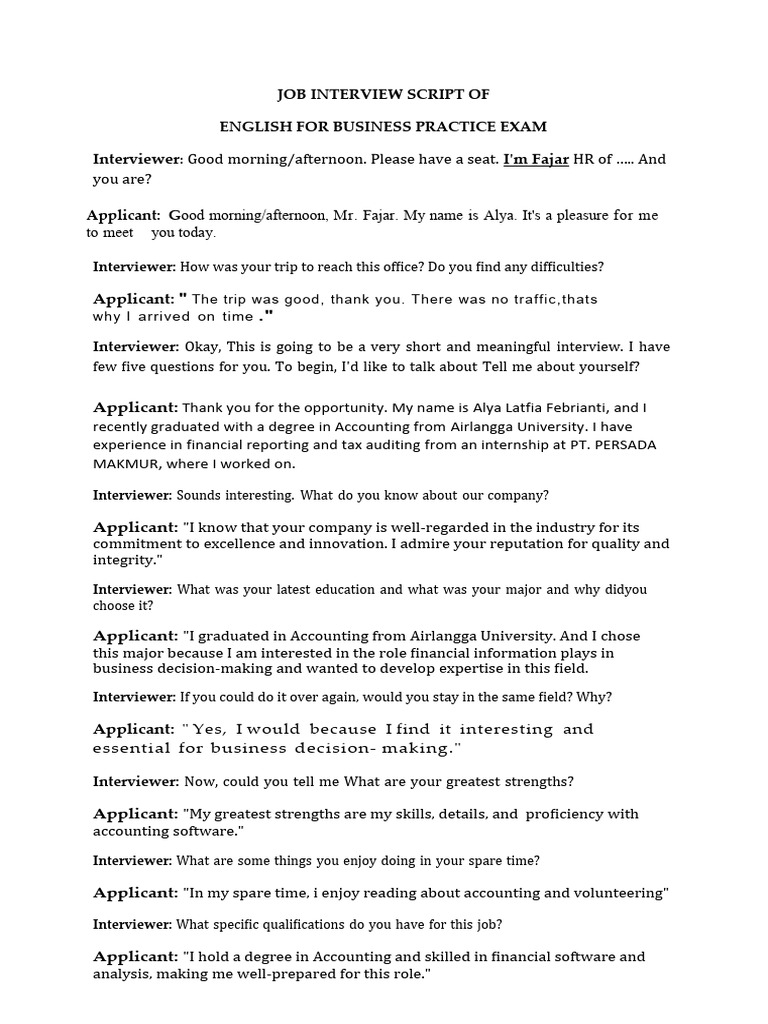 Job-Interview-Script Alya Latfia | PDF | Accounting | Internship