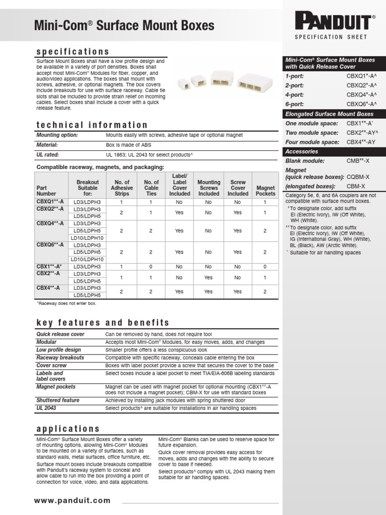 Mini-Com Surface Mount Boxes: Specifications | PDF | Manufactured Goods