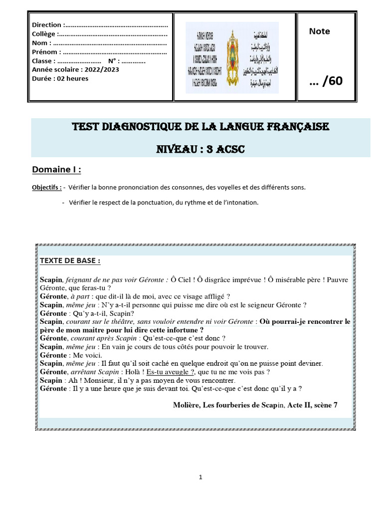 Test diagnostique français 3ème collège | PDF | Langues | Études des ...