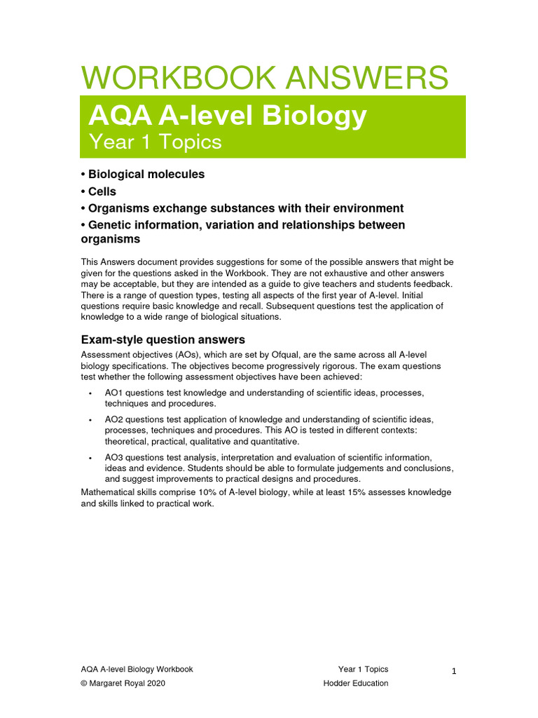 AQA A-level Biology Year 1 Answers | PDF | Phagocyte | Cell Membrane