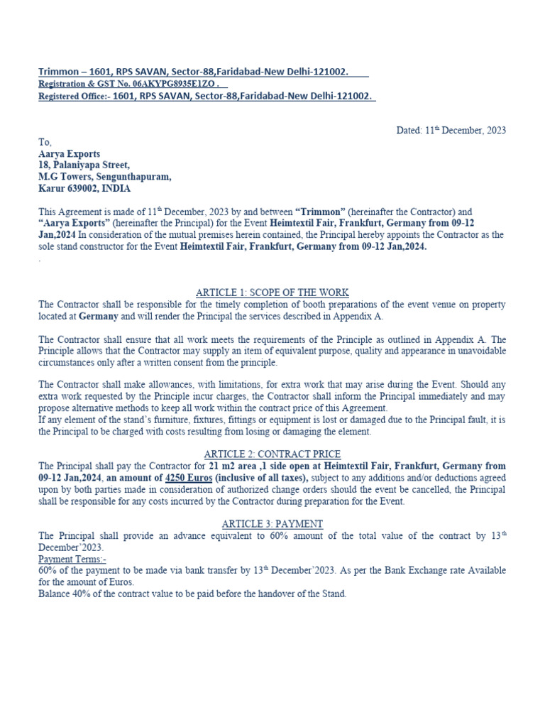 Trimmon-Aarya Exports Contract for Heimtextil | PDF | Legal Liability ...