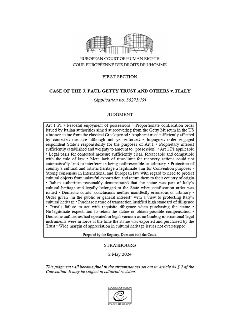 Getty Trust vs. Italy: Cultural Heritage Case | PDF | Judgment (Law ...