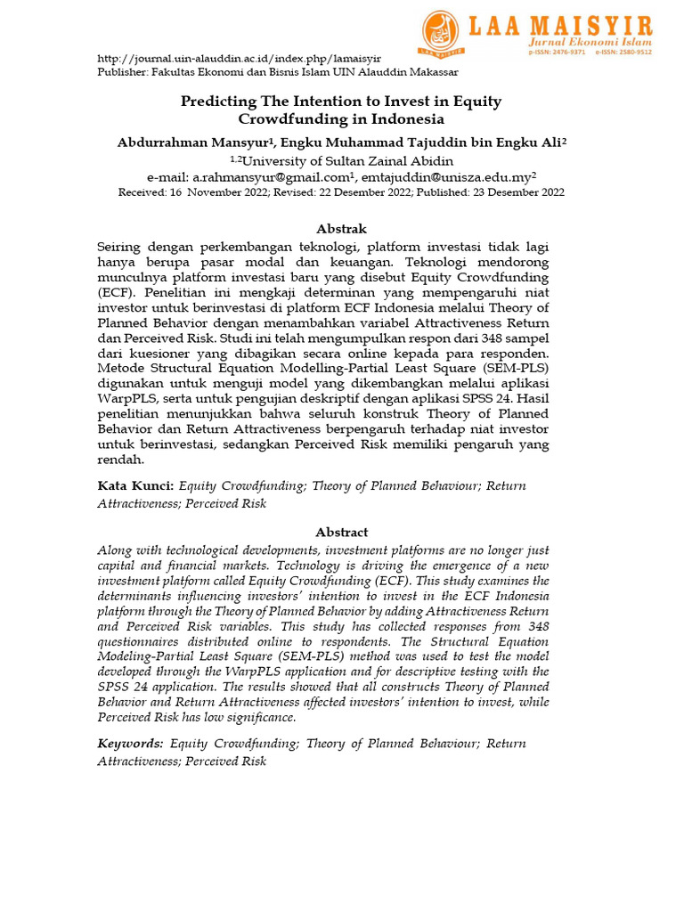 Predicting The Intention To Invest in Equity Based Crowdfunding | PDF ...