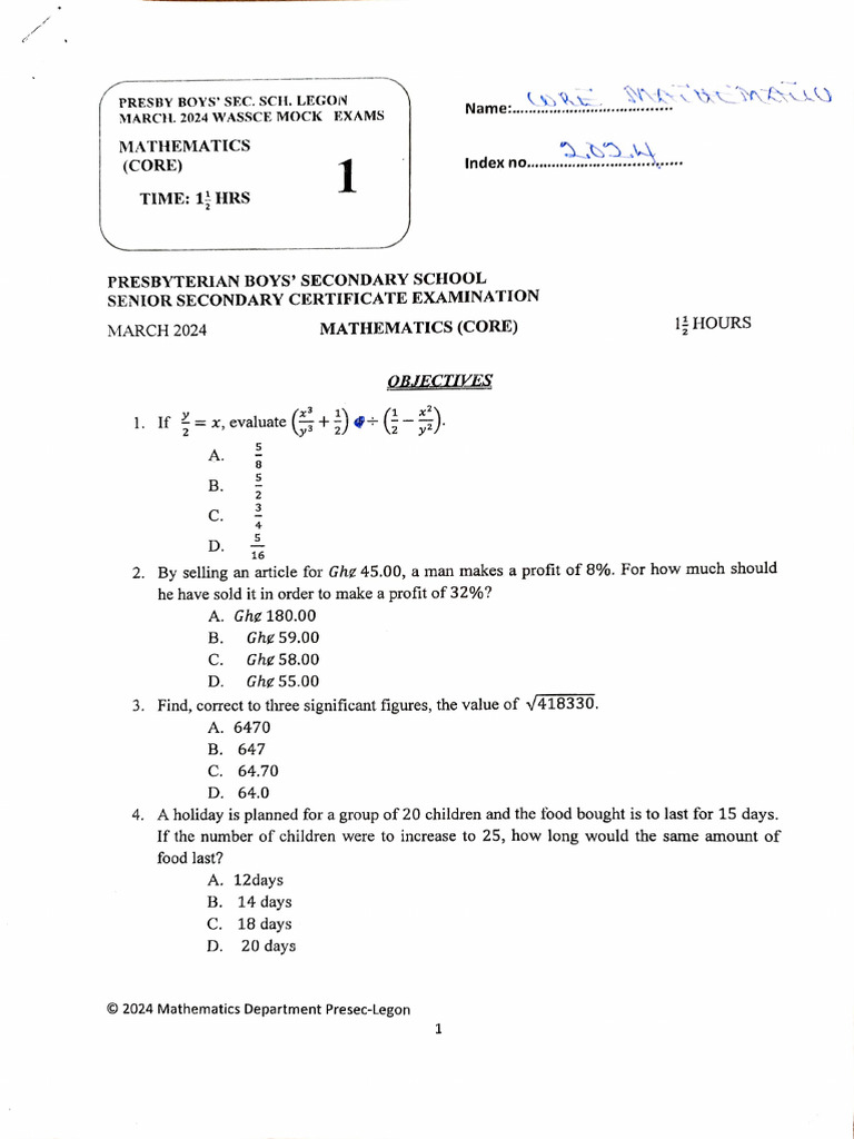 Core Mathematics (Mock 2024) Objectives | PDF | Significant Figures | Angle