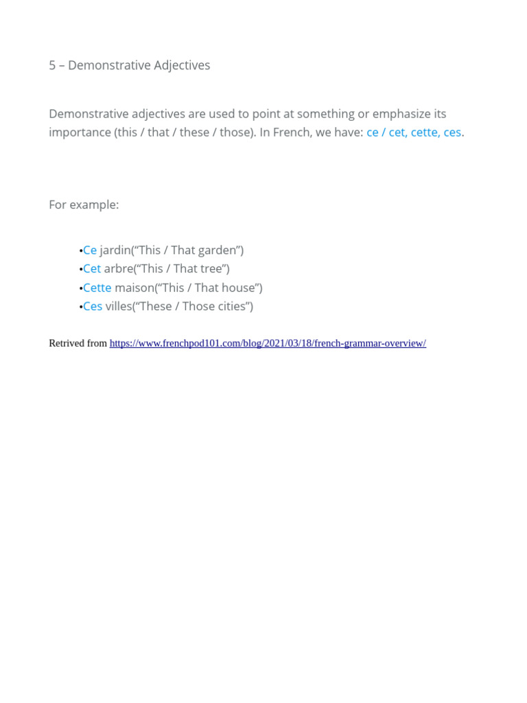 Demonstrative Adjectives in French | PDF | Language Arts & Discipline ...