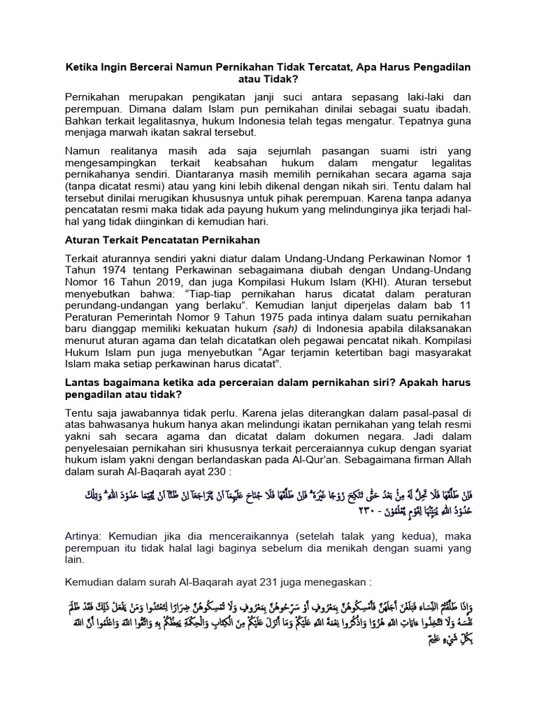 Ketika Ingin Bercerai Namun Pernikahan Tidak Tercatat | PDF