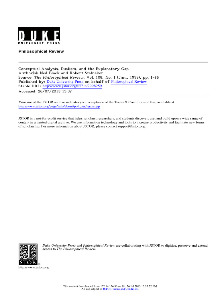 Block, Stalnaker (1999) Conceptual Analysis, Dualism, and The ...