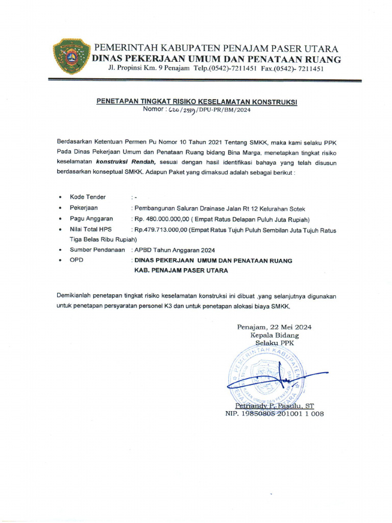 Surat TKDN Pembangunan Drainase Jalan Rt. 12 Kelurahan Sotek | PDF