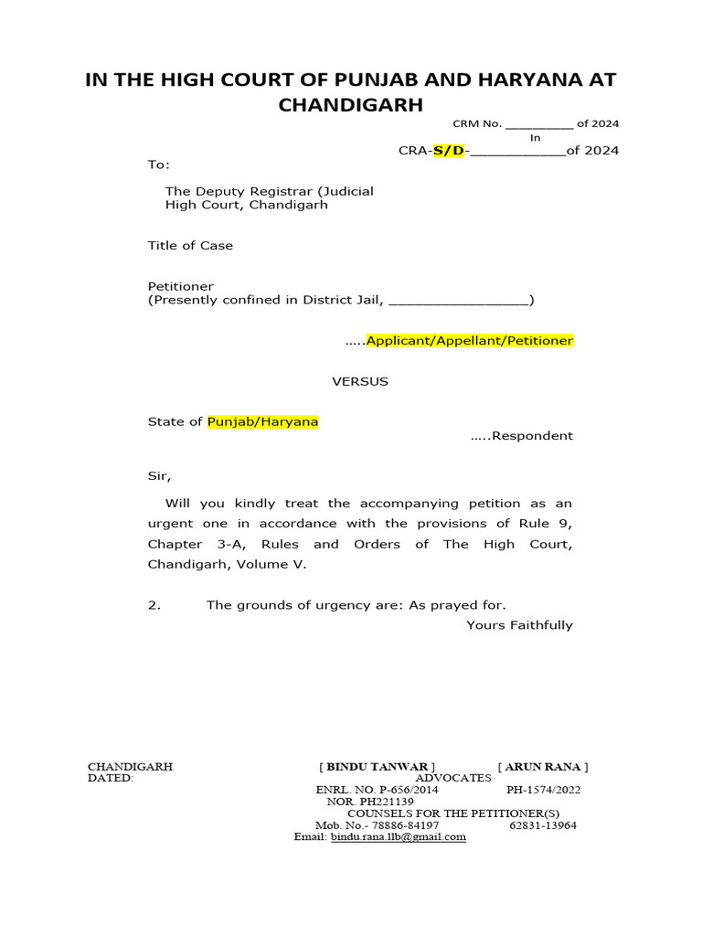 Sample SOS Application U/s 389 CRPC in PHHC | PDF | Prosecutor | Arrest