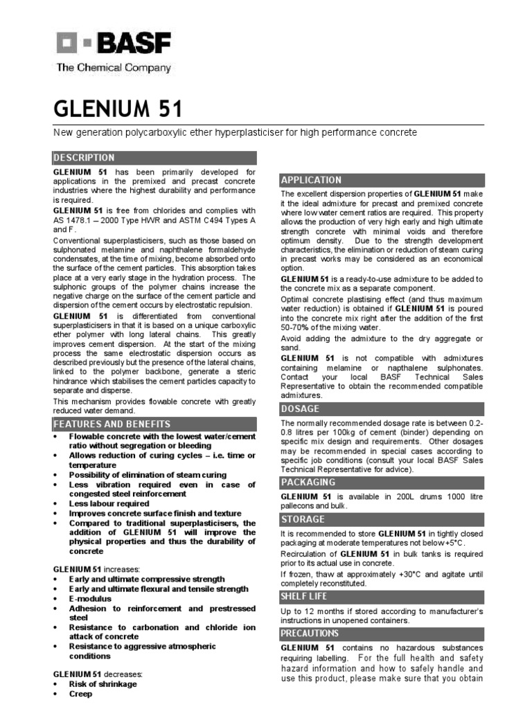 Glenium 51 TDS | PDF | Concrete | Cement