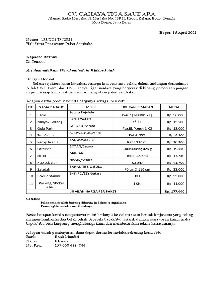 Penawaran Paket Sembako CV. Cahaya Tiga | PDF
