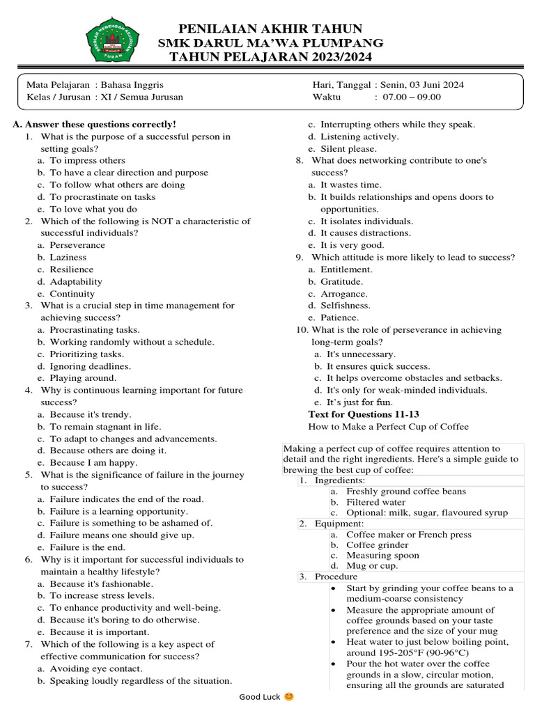 B.inggris Xi Pat Riqqotul Lum'aa | PDF | Coffee