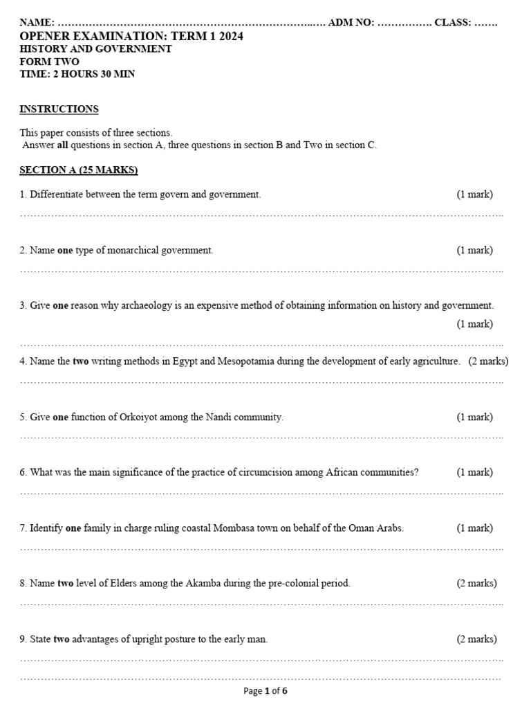 History F2 Exam Term 1 Qs - Teacher - Co - .Ke | PDF | Africa
