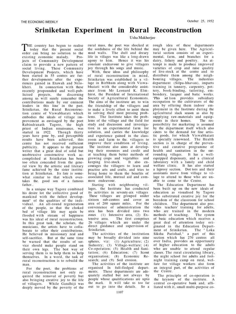 Sriniketan Experiment in Rural Reconstruction | PDF | Social Science