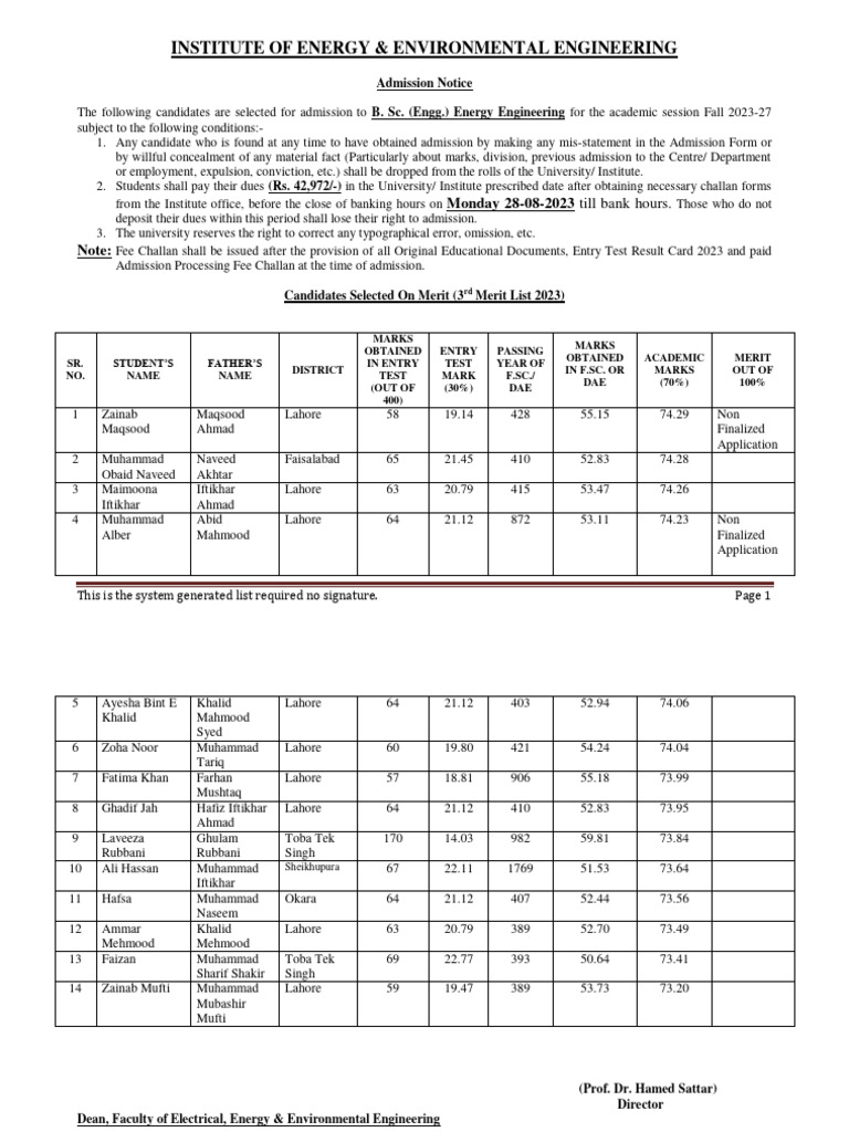 Third Merit List BSC Engg Energy Engineering 2023303 | PDF