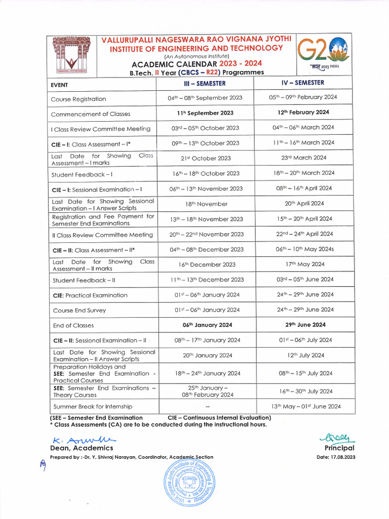 b.tech. II Year Calendar 2023-2024 | PDF