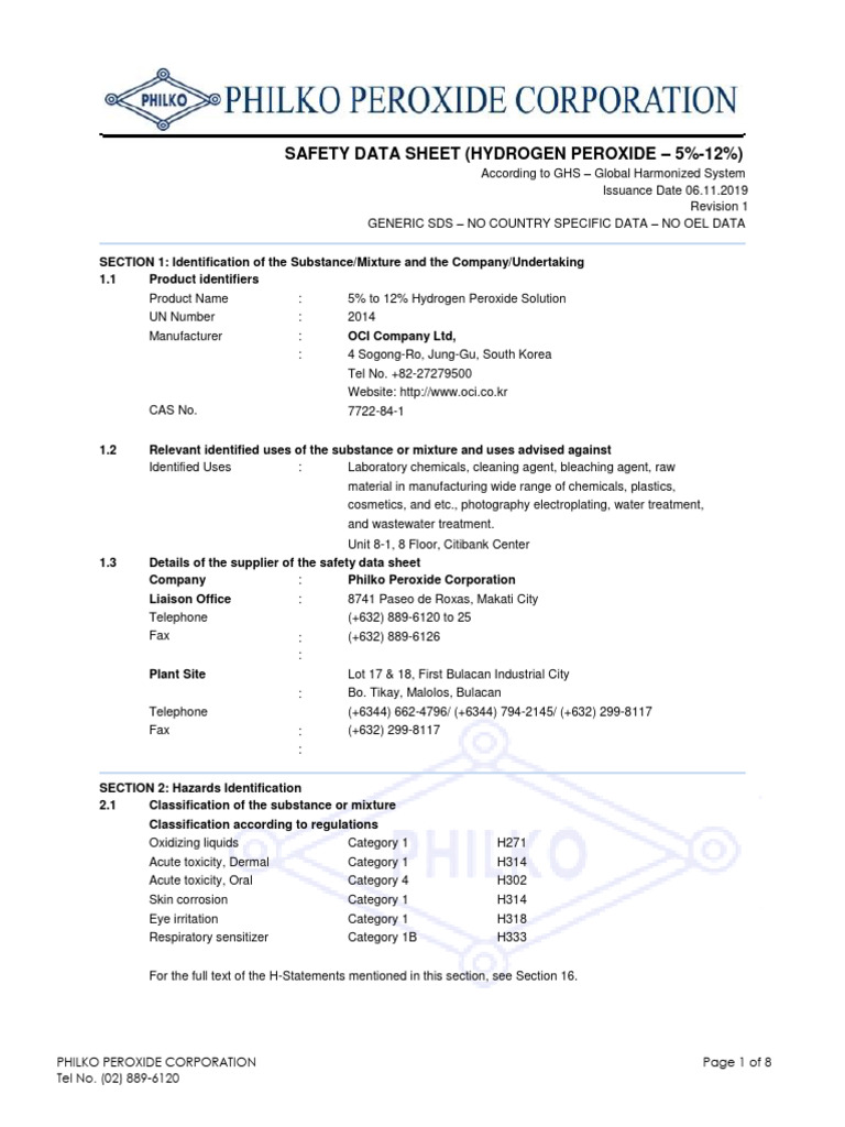 CHEMICAL A - SAFETY DATA SHEET | Download Free PDF | Hydrogen Peroxide ...