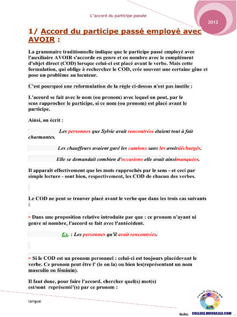 Accord Participe Passe | PDF