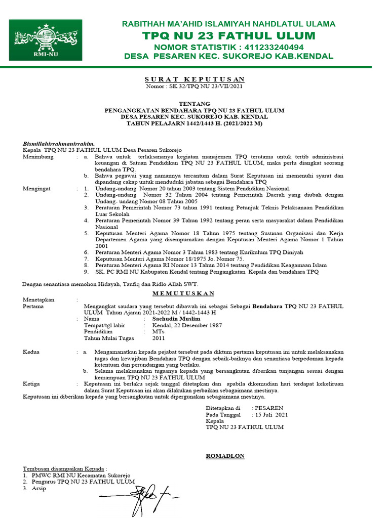 Contoh SK Bendahara Tpq | PDF