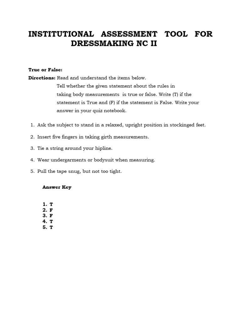 Assessment Tool for Dressmaking NC II | PDF | Waist | Clothing