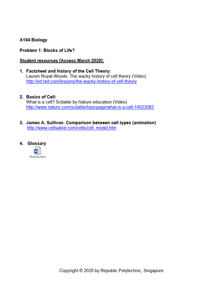 A104 Biology Problem 1: Blocks of Life? Student Resources (Access March ...