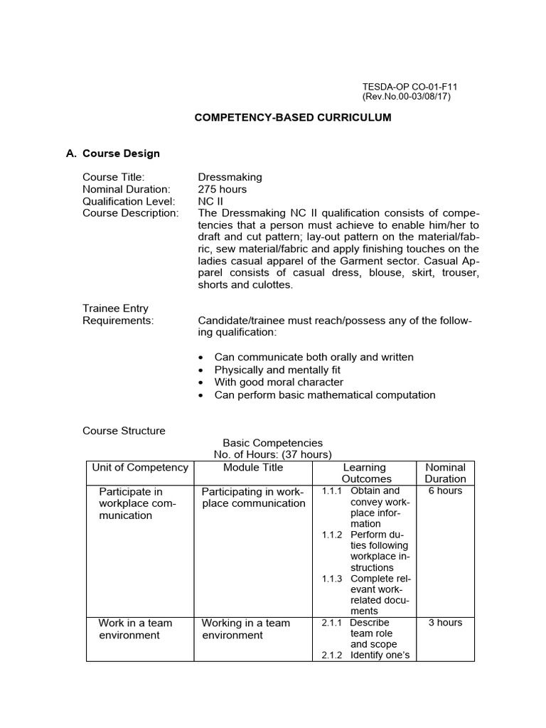 TESDA-OP-CO-01-F11CB-Curriculum (10) cbc2 | PDF | Sewing | Methodology