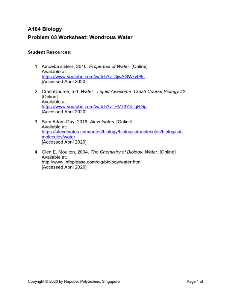AY 2020 Sem 1 A104 P03 WS Done | PDF | Chemical Polarity | Chemical Bond