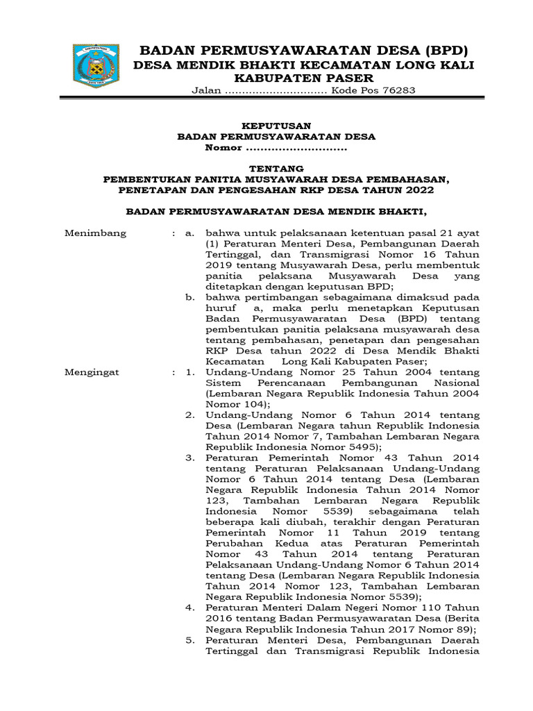 19 Format Keputusan BPD tentang Panitia Musdes Pembahasan, Penetapan ... 19 Format Keputusan BPD tentang Panitia Musdes Pembahasan, Penetapan ...