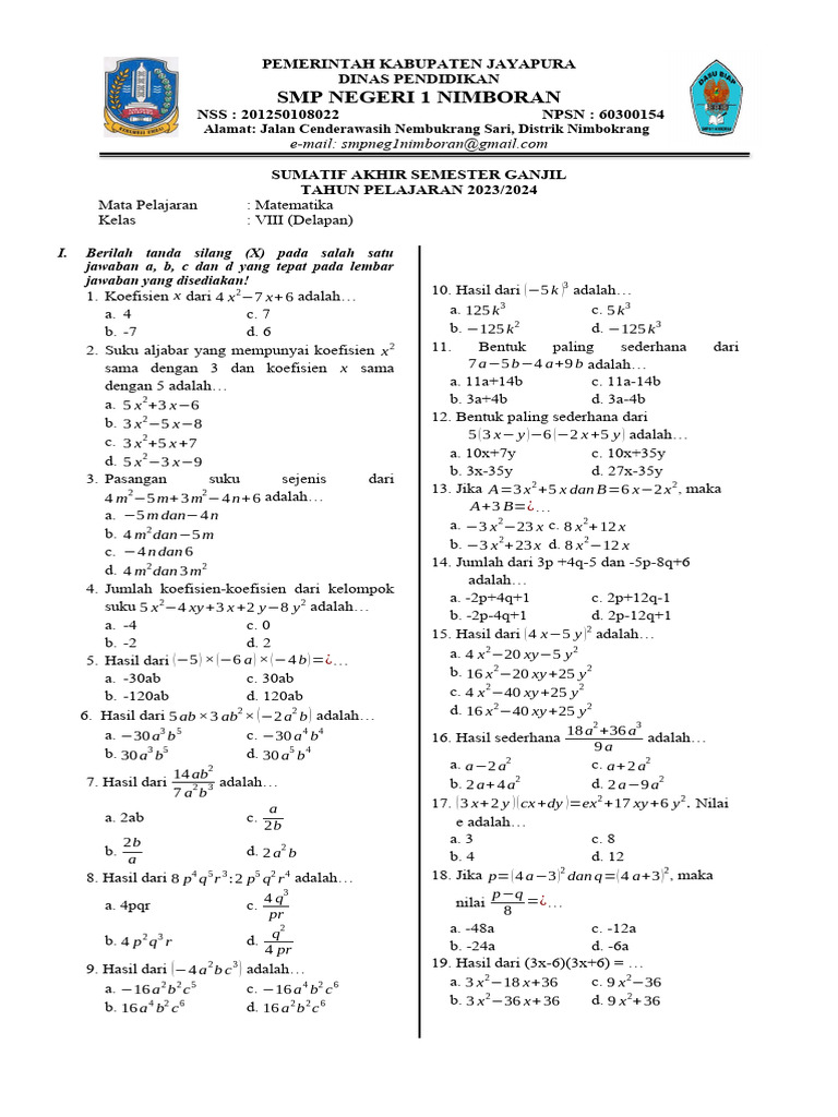 Soal SAS MTK 8 Ganjil 2023-2024 | PDF