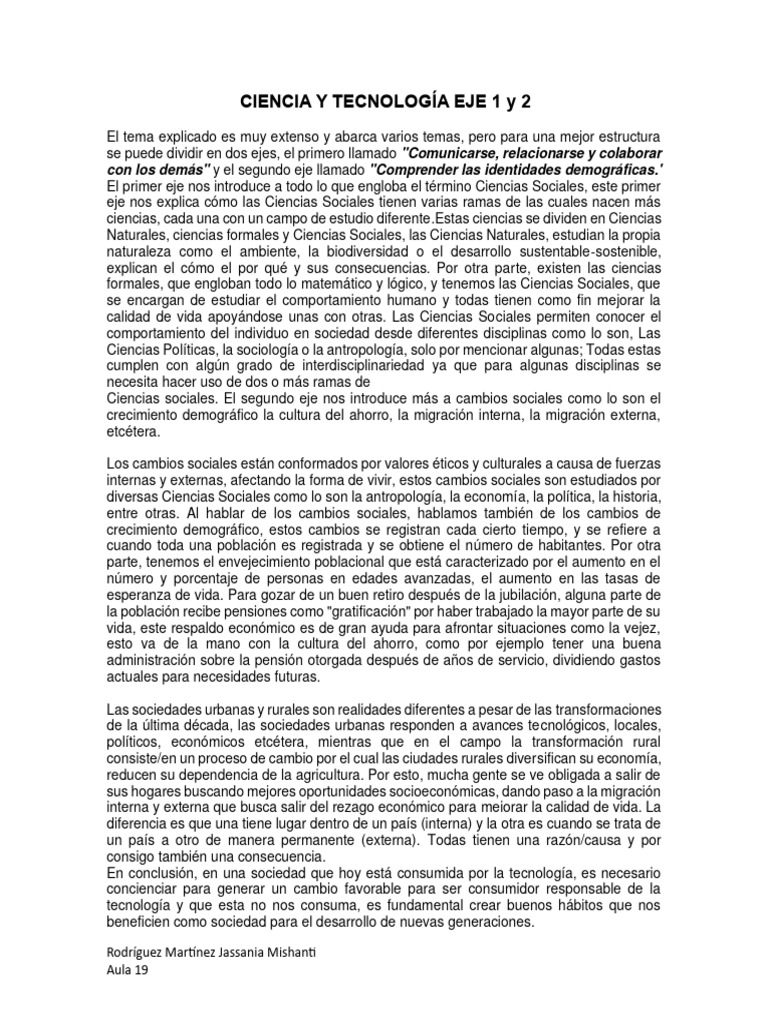 Ciencia Y Tecnología Eje 1 Y 2: Con Los Demás" y El Segundo Eje Llamado "Comprender Las ...
