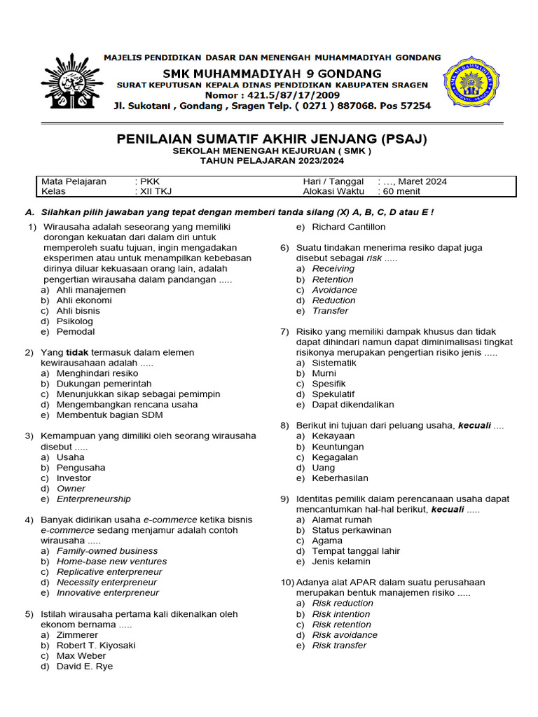 Soal Psaj 2024 - PKK | PDF