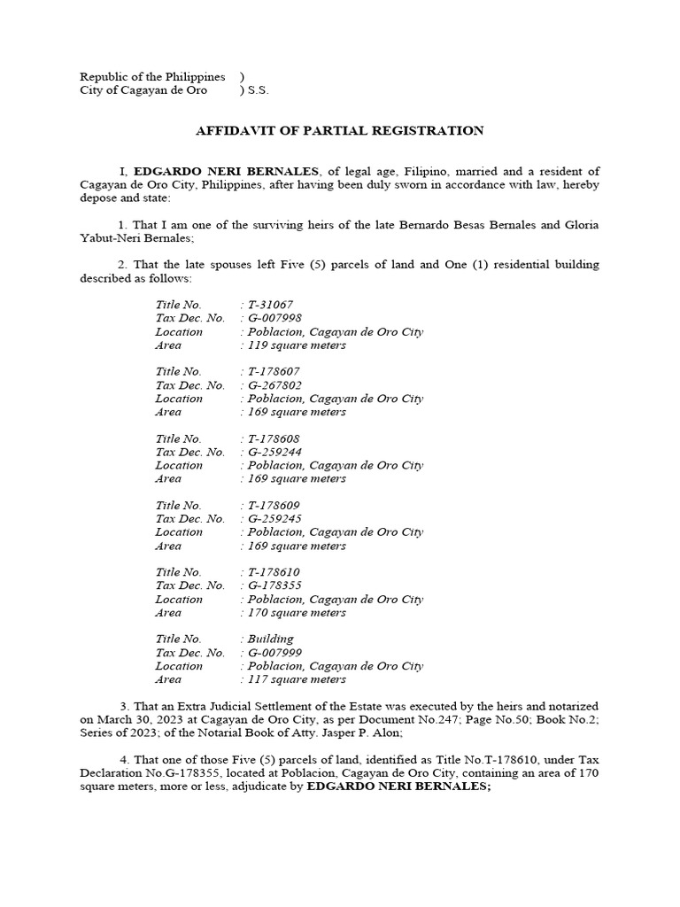 Affidavit of Partial Registration | PDF | Affidavit | Justice