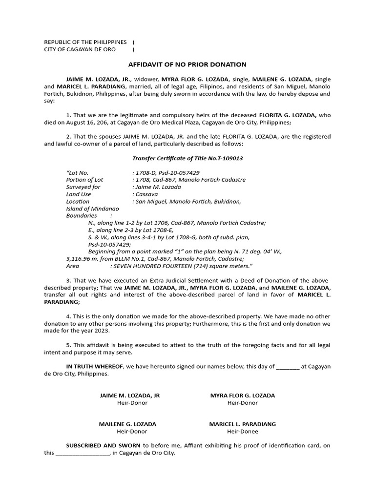 Affidavit of No Prior Donation | PDF | Affidavit | Evidence