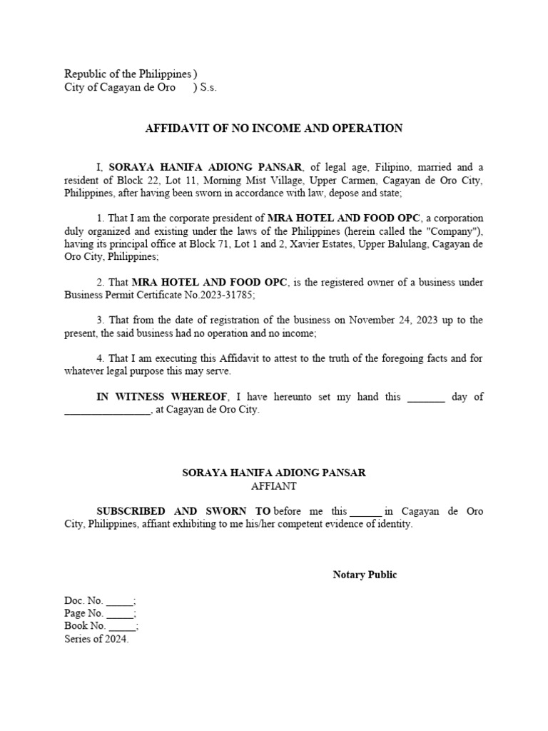Affidavit of No Operation and Income | Download Free PDF | Affidavit ...