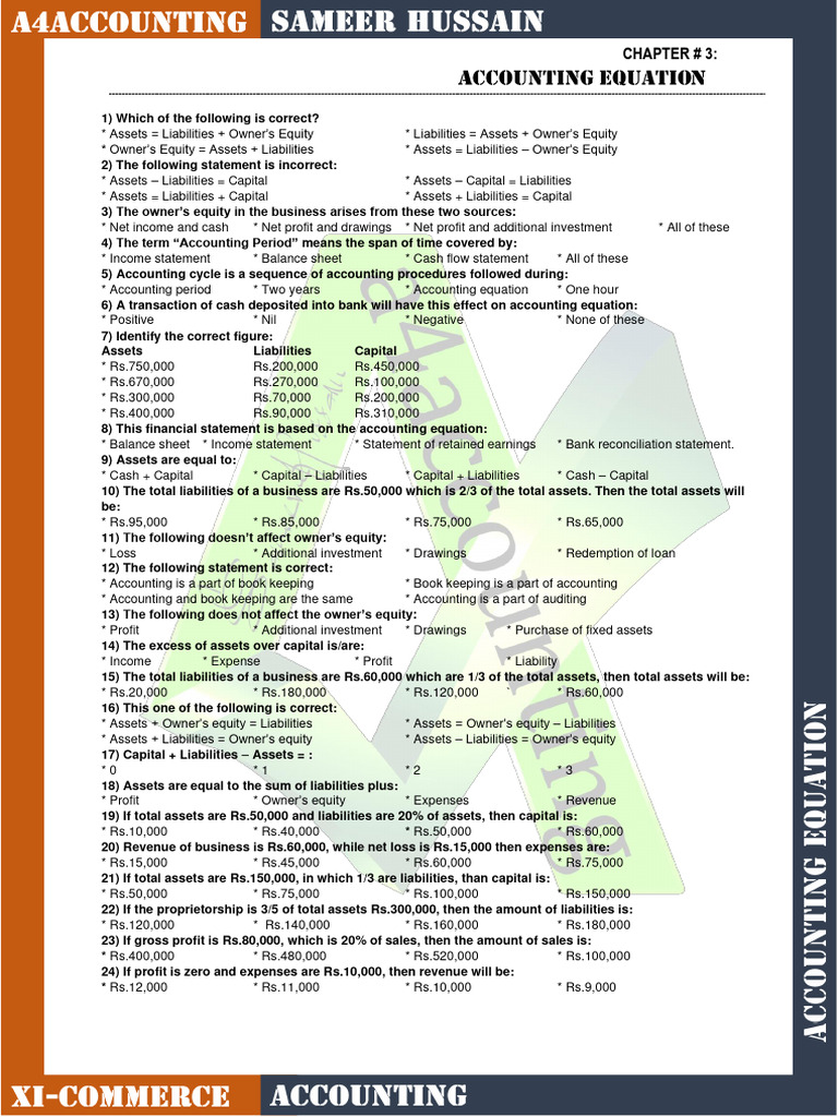Accounting Equation Mcqs Pdf Equity Finance Balance Sheet