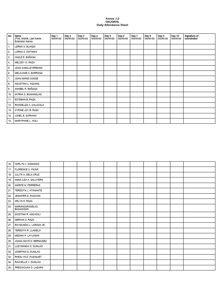 Annex J 2 Daily Attendance Sheet | PDF Annex J 2 Daily Attendance Sheet | PDF