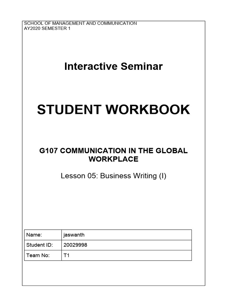 AY2020 Sem 1 G107 CGW05 Student Workbook Updated | PDF | Communication | Human Communication