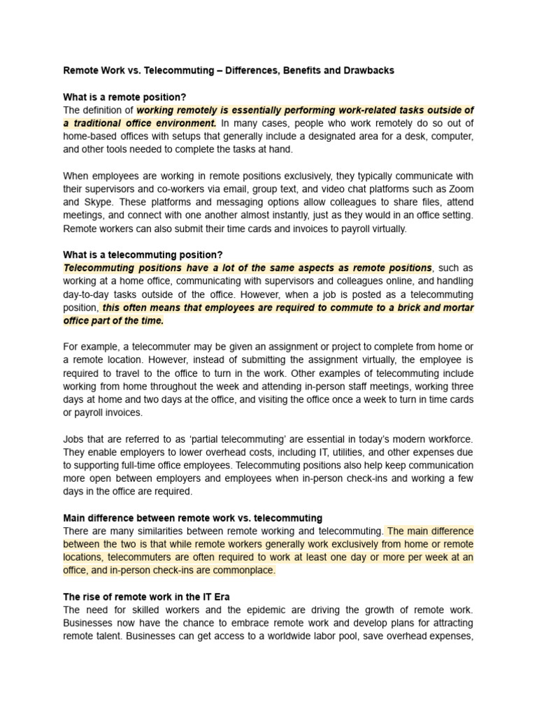Remote Work Vs Telecommuting | PDF | Business