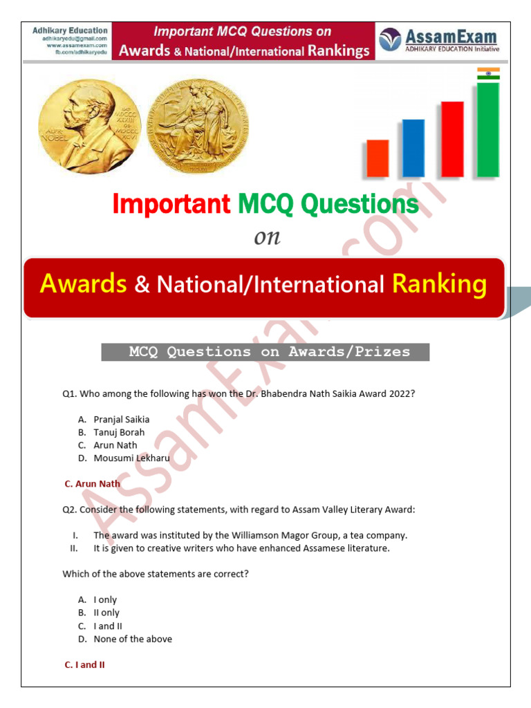Important Qs On Awards Rankings APSC Prelim AssamExam | PDF | Foreign Direct Investment