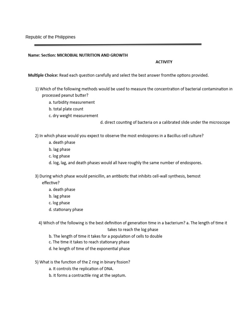 Microbial Nutrition and Growth Quiz | PDF | Bacteria | Escherichia Coli