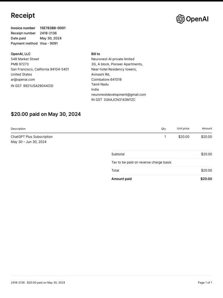 ChatGPT Plus Subscription Receipt | PDF