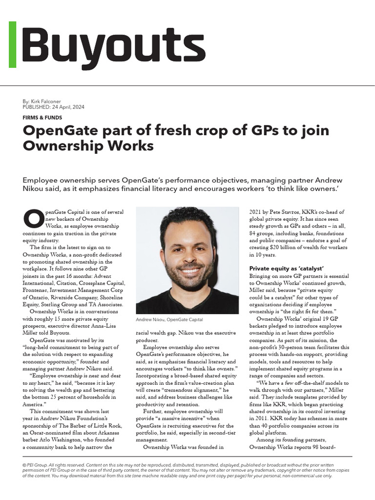 OpenGate Ownership Works Buyouts | PDF | Private Equity | Employment