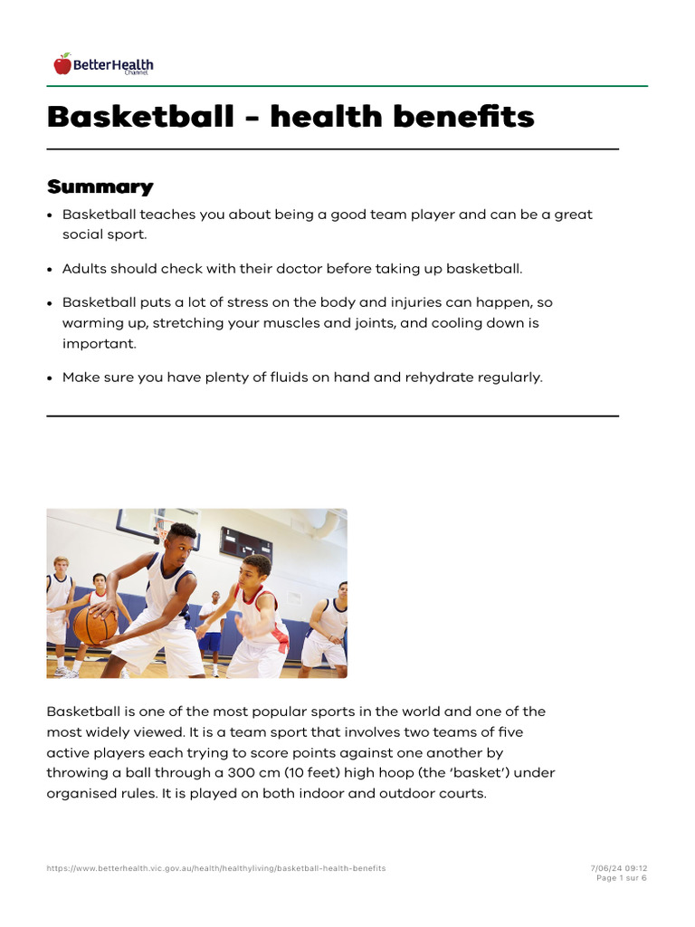 Basketball - Health Benefits - Better Health Channel | PDF | Sports ...