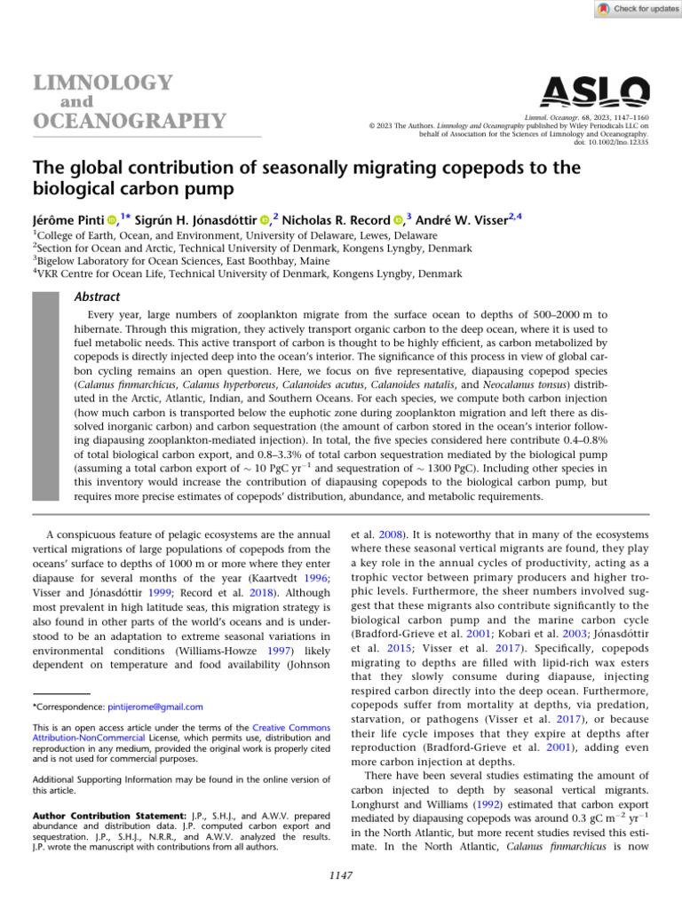 Limnology Oceanography - 2023 - Pinti - The Global Contribution of Seasonally Migrating Copepods ...