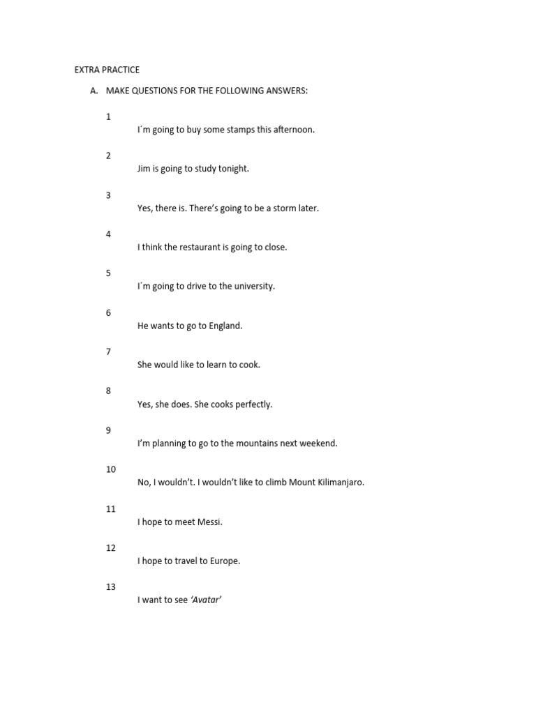 Practice Questions for Future Plans | PDF